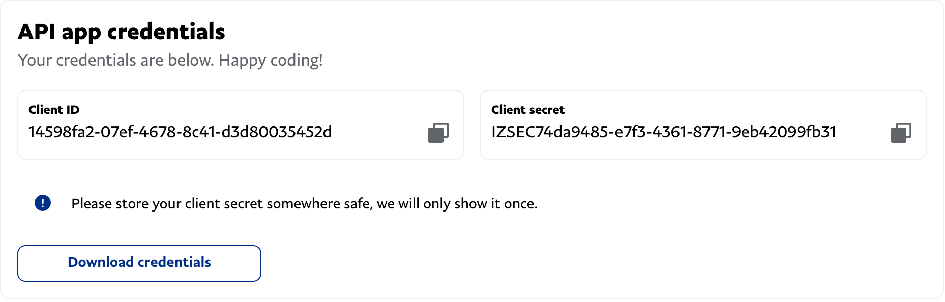 API credentials page with the Download credentials button.