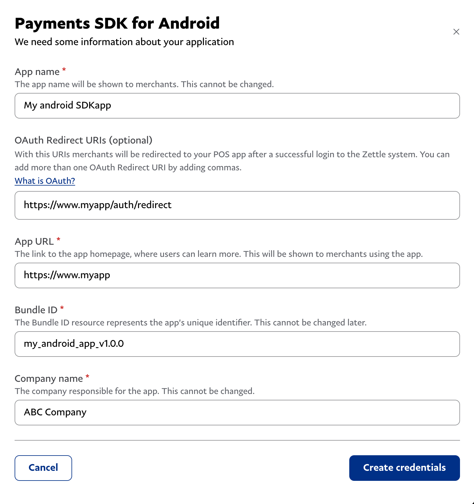 Example of form with app name, app URL, and company name. Optionally ...